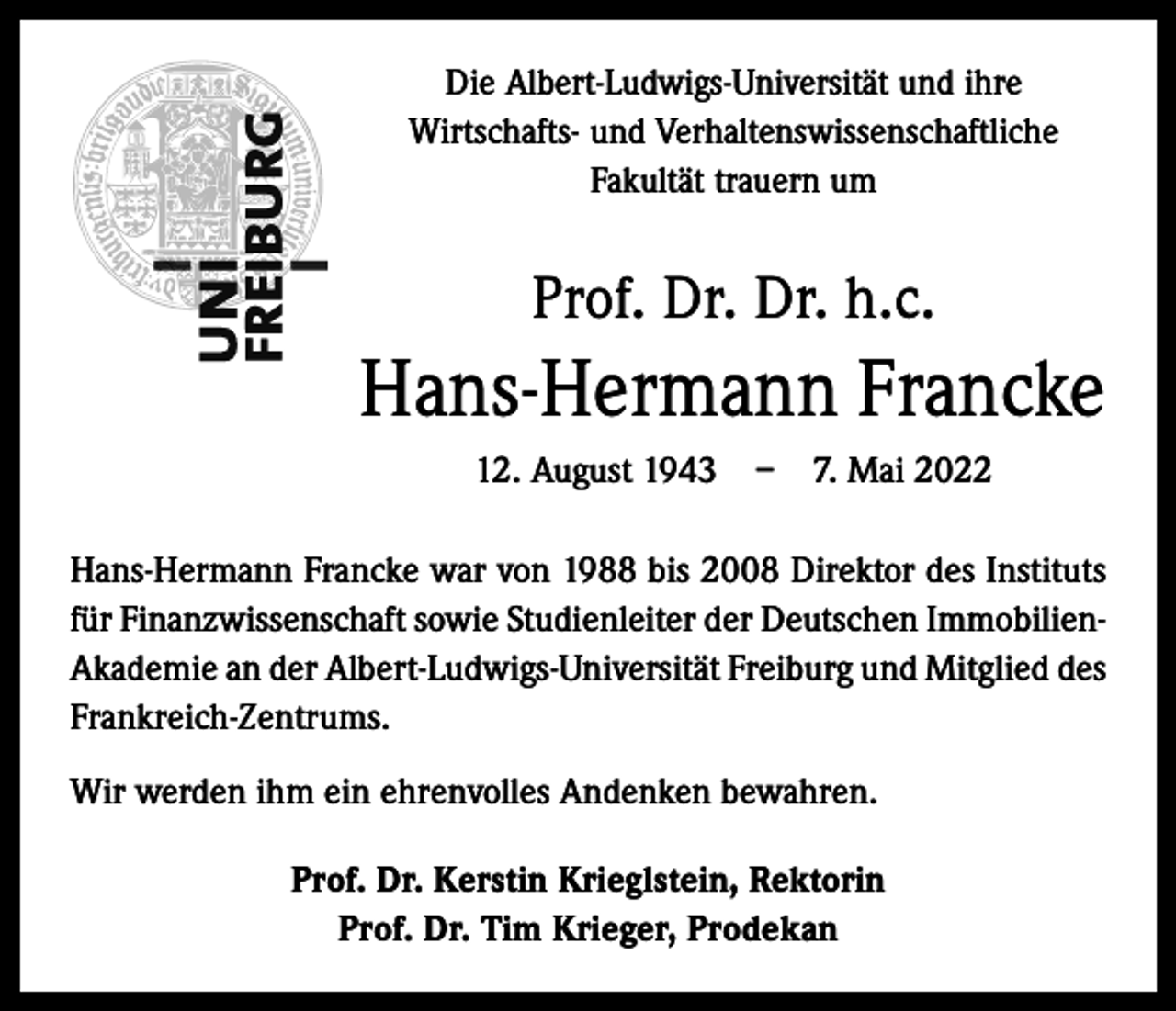 Prof. Dr. Dr. h.c. Hans-Hermann Francke | Traueranzeigen, Nachrufe ...