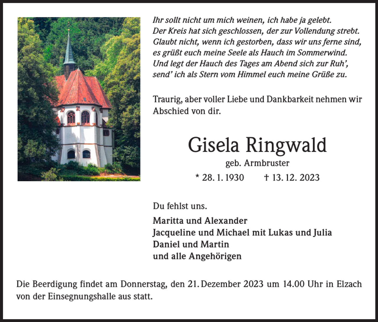 Gisela Ringwald | Traueranzeigen, Nachrufe & Danksagungen auf BZtrauer.de