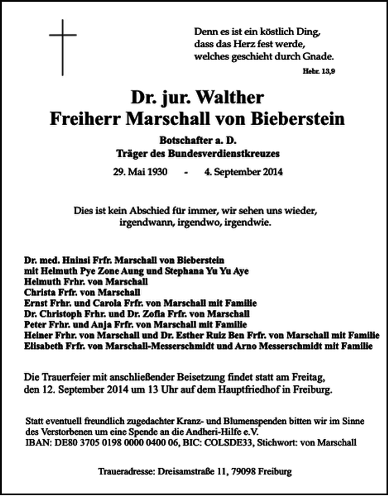 Dr. Jur. Walther Freiherr Marschall von Bieberstein | Traueranzeigen ...