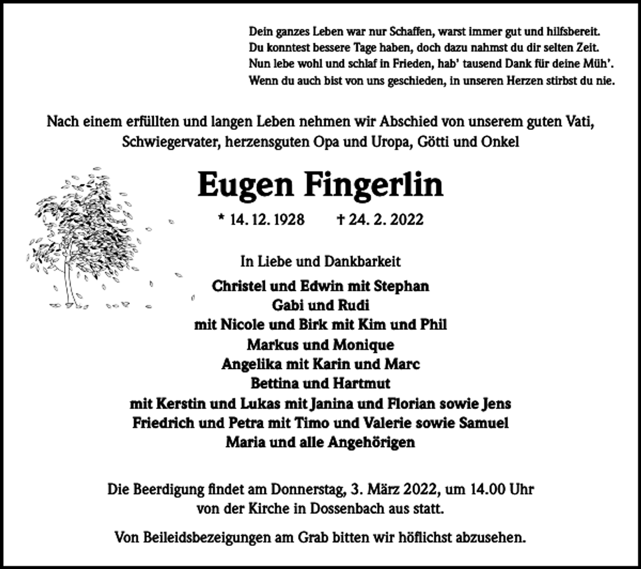 Eugen Fingerlin | Traueranzeigen, Nachrufe & Danksagungen auf BZtrauer.de
