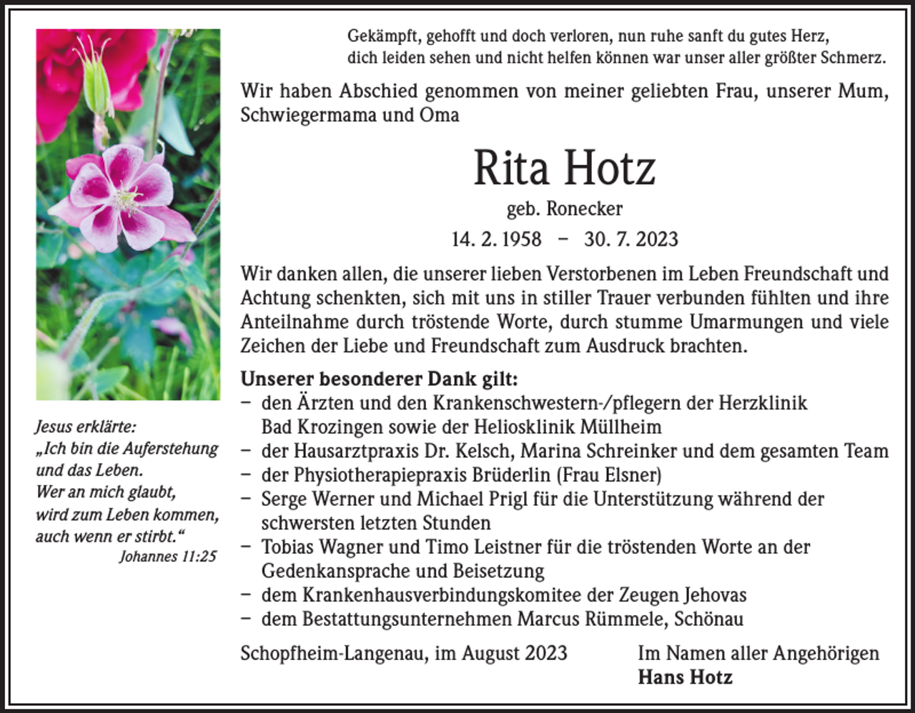 Rita Hotz | Traueranzeigen, Nachrufe & Danksagungen auf BZtrauer.de