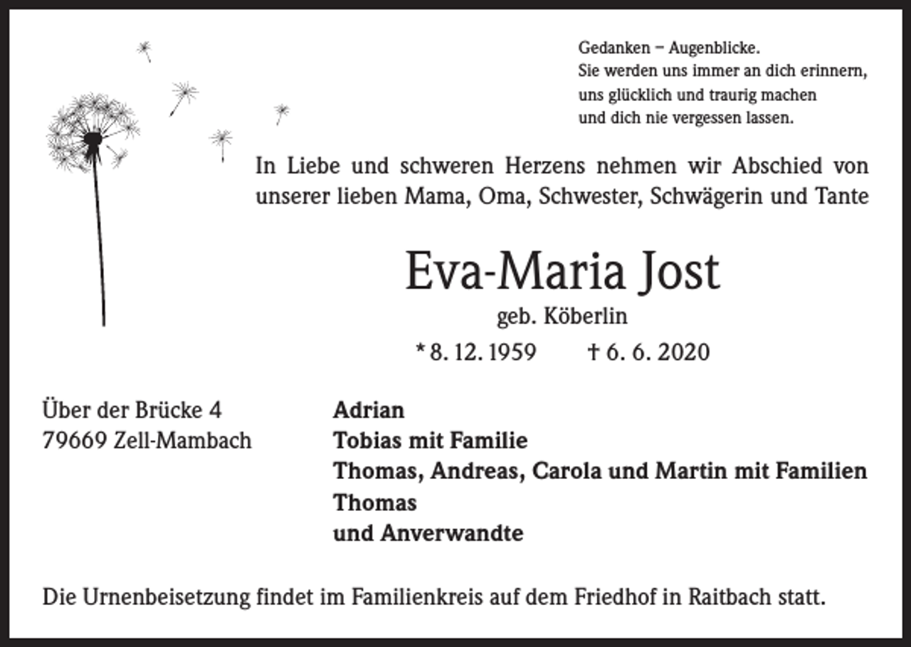 Eva-Maria Jost | Traueranzeigen, Nachrufe & Danksagungen auf BZtrauer.de