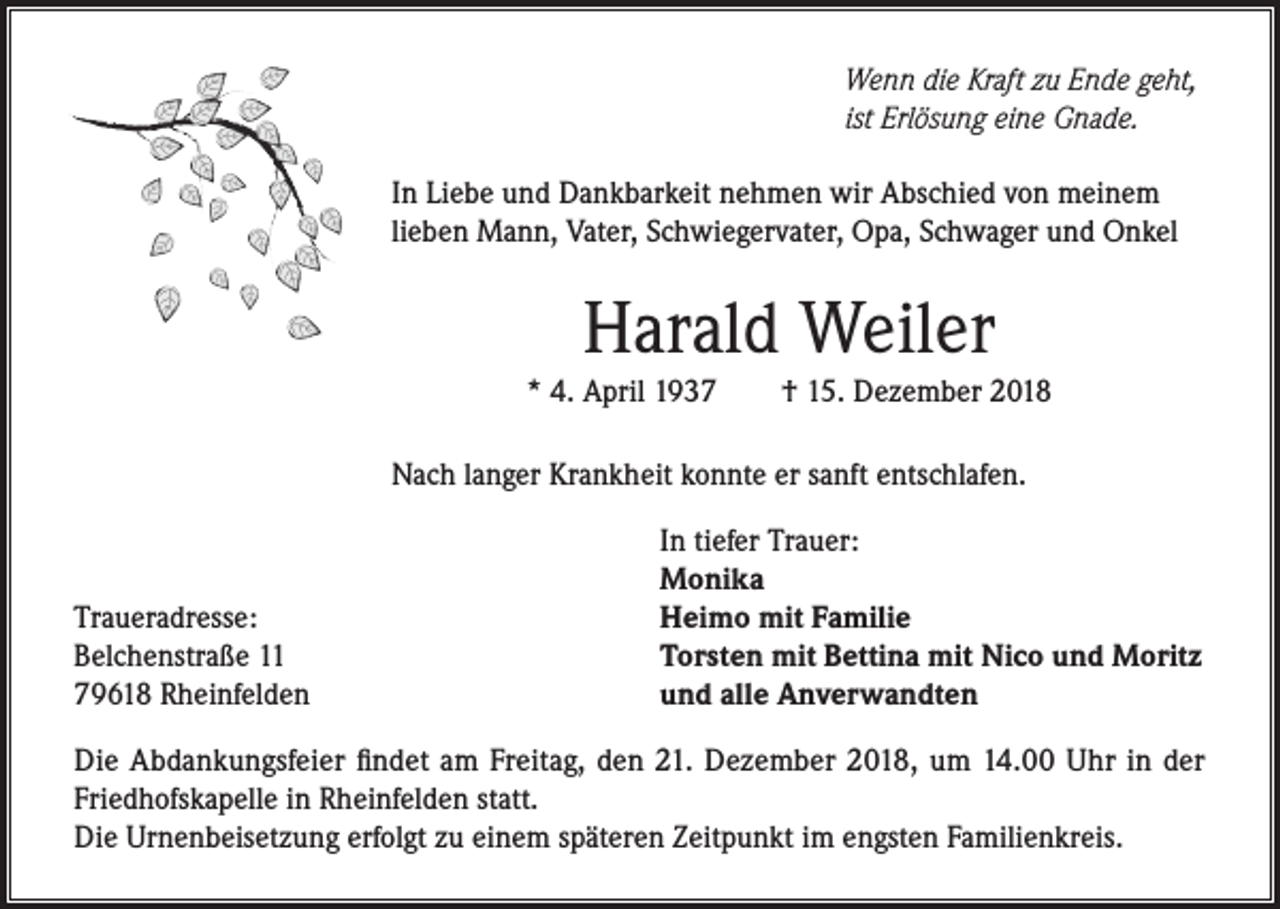 Harald Weiler | Traueranzeigen, Nachrufe & Danksagungen auf BZtrauer.de