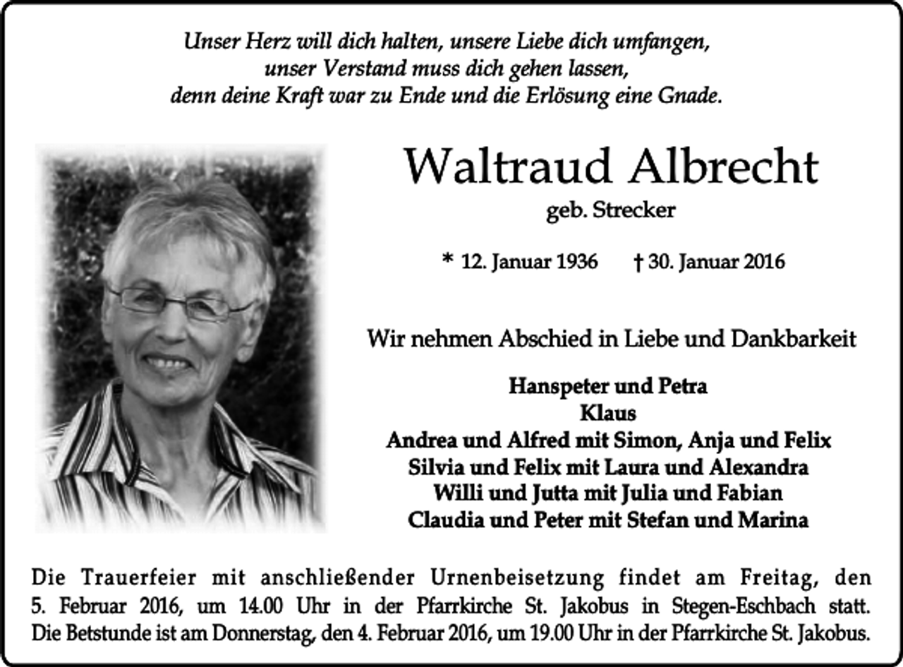 Waltraud Albrecht | Traueranzeigen, Nachrufe & Danksagungen auf BZtrauer.de