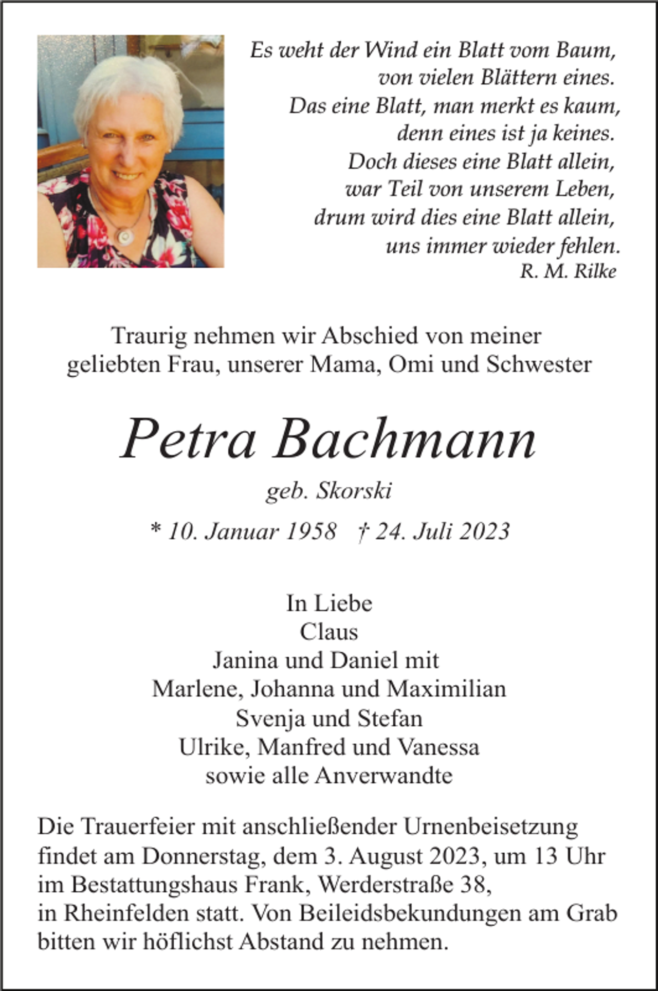 Petra Bachmann | Traueranzeigen, Nachrufe & Danksagungen auf BZtrauer.de