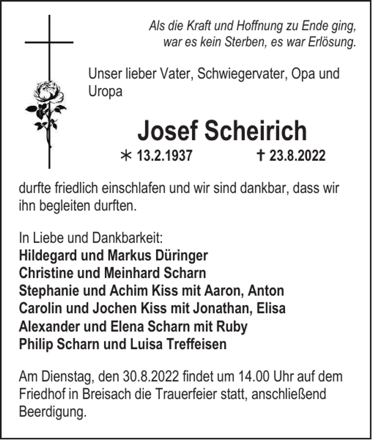 Josef Scheirich | Traueranzeigen, Nachrufe & Danksagungen auf BZtrauer.de
