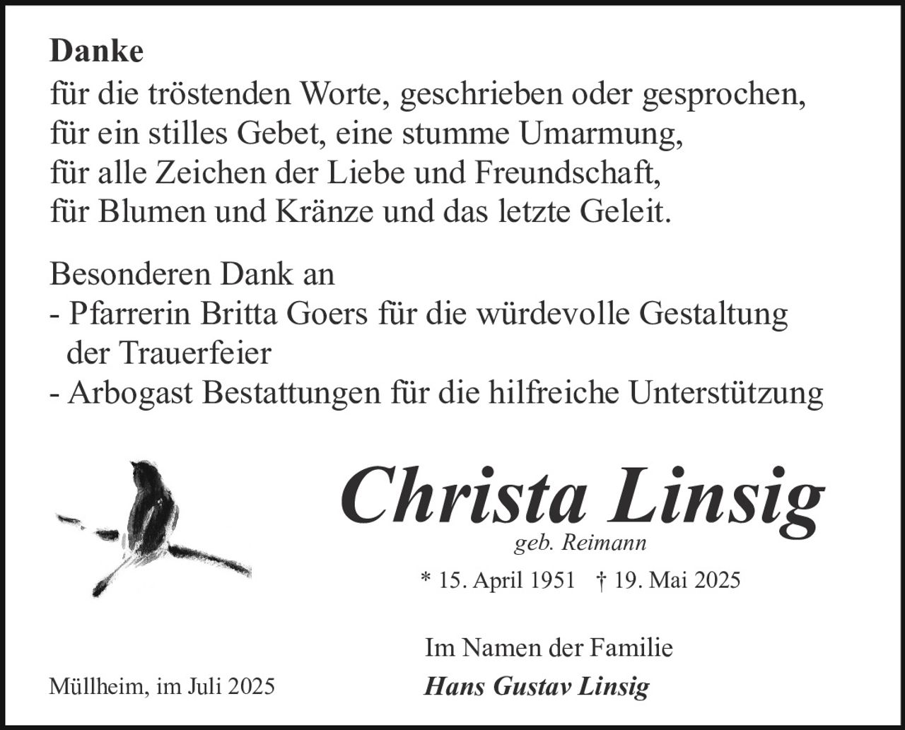 Christa Linsig | Traueranzeigen, Nachrufe & Danksagungen auf BZtrauer.de