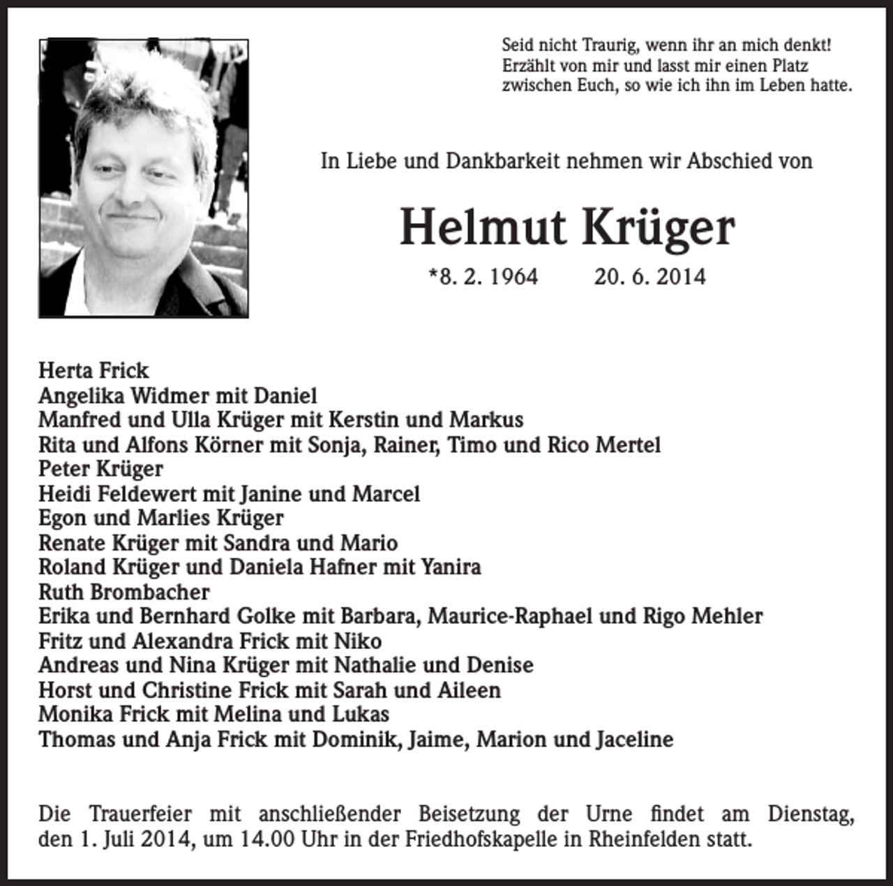 Helmut Krüger | Traueranzeigen, Nachrufe & Danksagungen auf BZtrauer.de