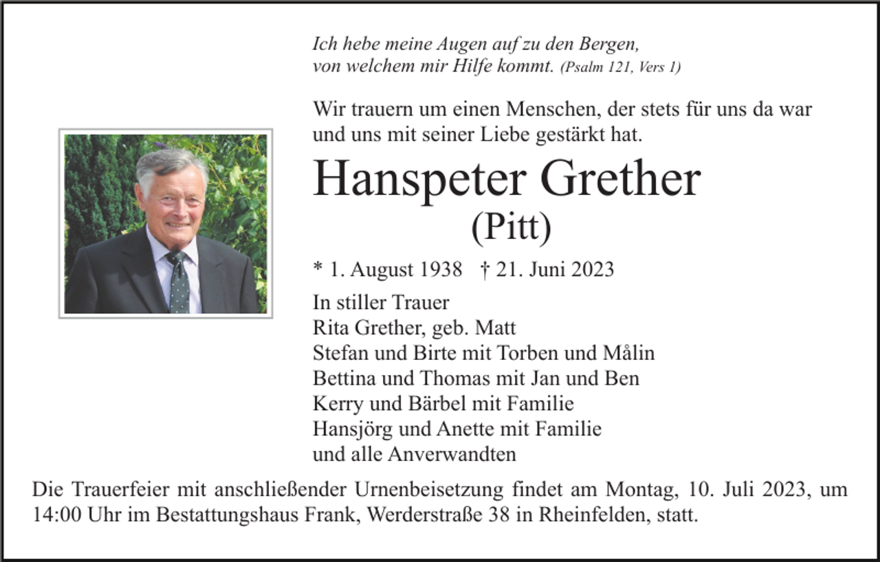 Hanspeter Grether | Traueranzeigen, Nachrufe & Danksagungen auf BZtrauer.de