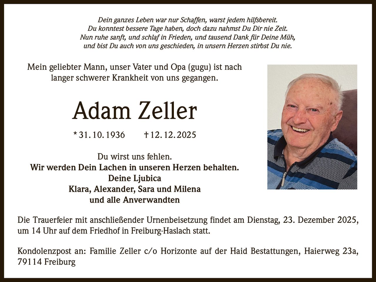 Adam Zeller | Traueranzeigen, Nachrufe & Danksagungen auf BZtrauer.de