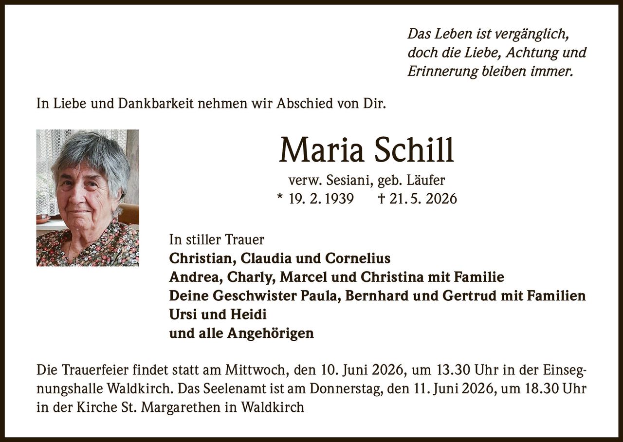 Maria Schill | Traueranzeigen, Nachrufe & Danksagungen auf BZtrauer.de