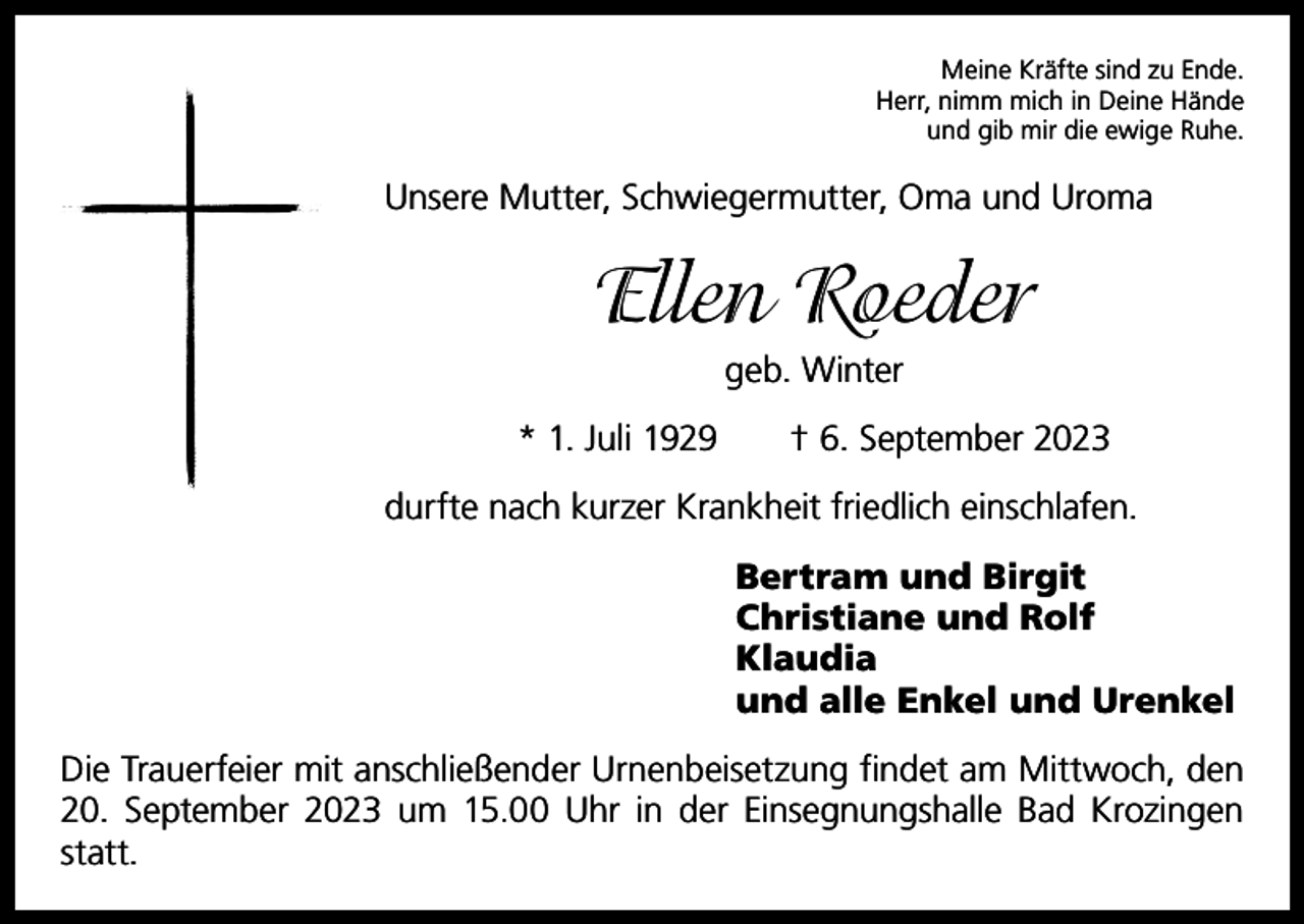 Ellen Roeder | Traueranzeigen, Nachrufe & Danksagungen auf BZtrauer.de