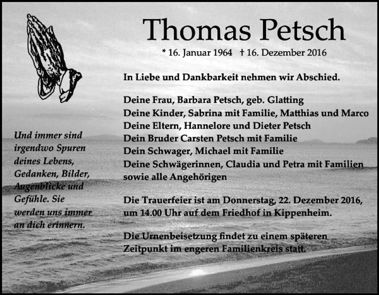 Thomas Petsch | Traueranzeigen, Nachrufe & Danksagungen auf BZtrauer.de