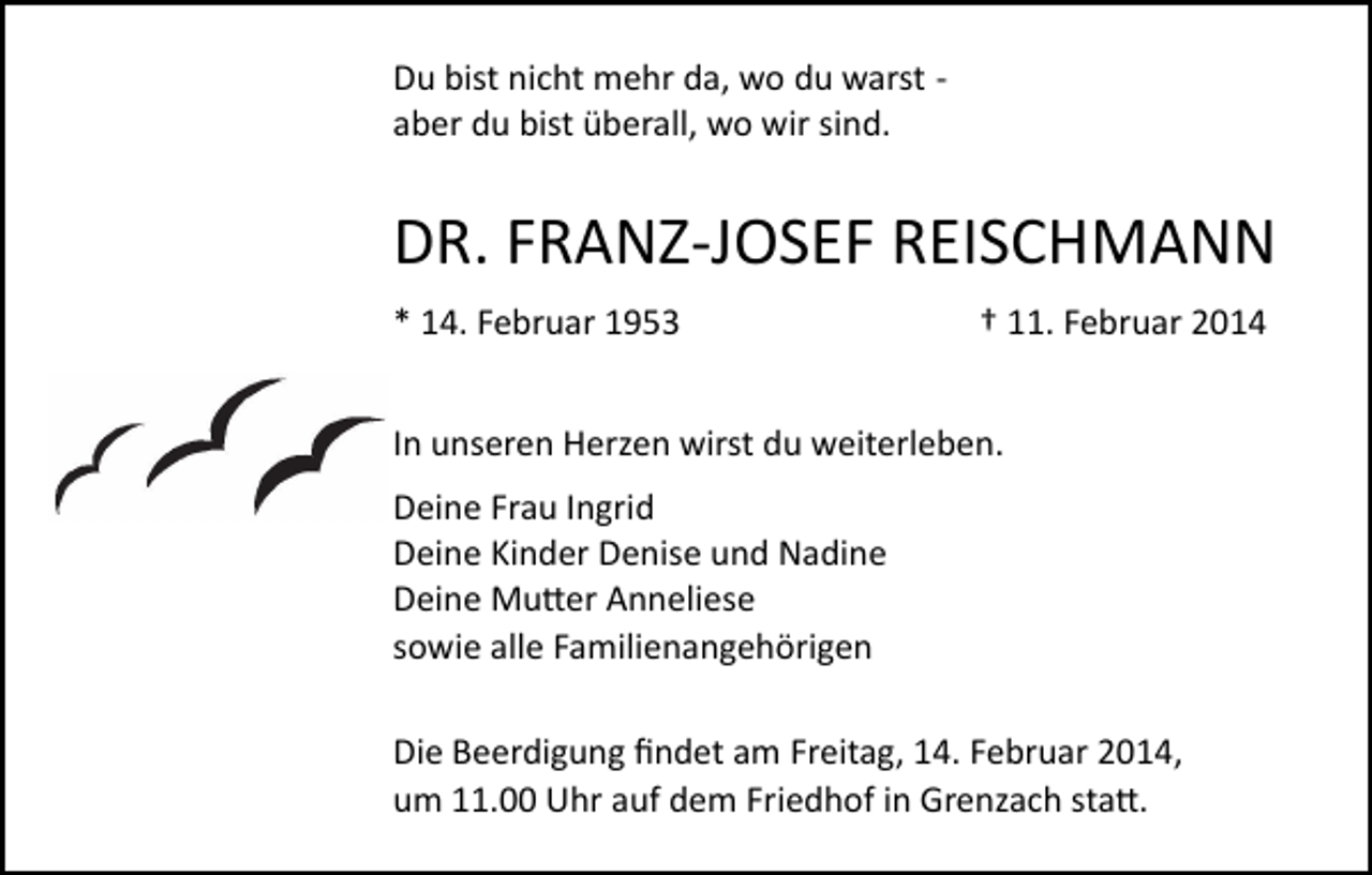 Franz-Josef Reischmann | Traueranzeigen, Nachrufe & Danksagungen auf ...