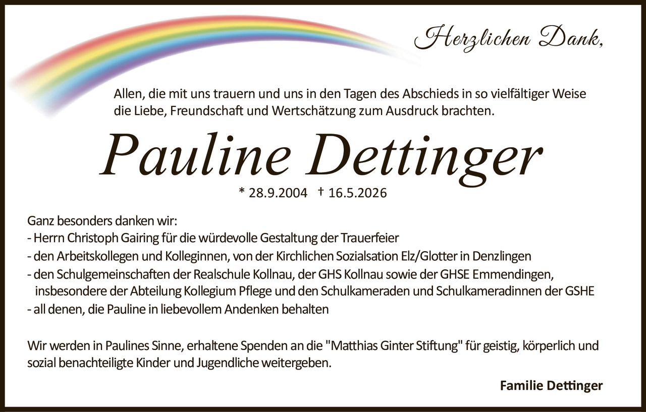 Pauline Dettinger | Traueranzeigen, Nachrufe & Danksagungen auf BZtrauer.de