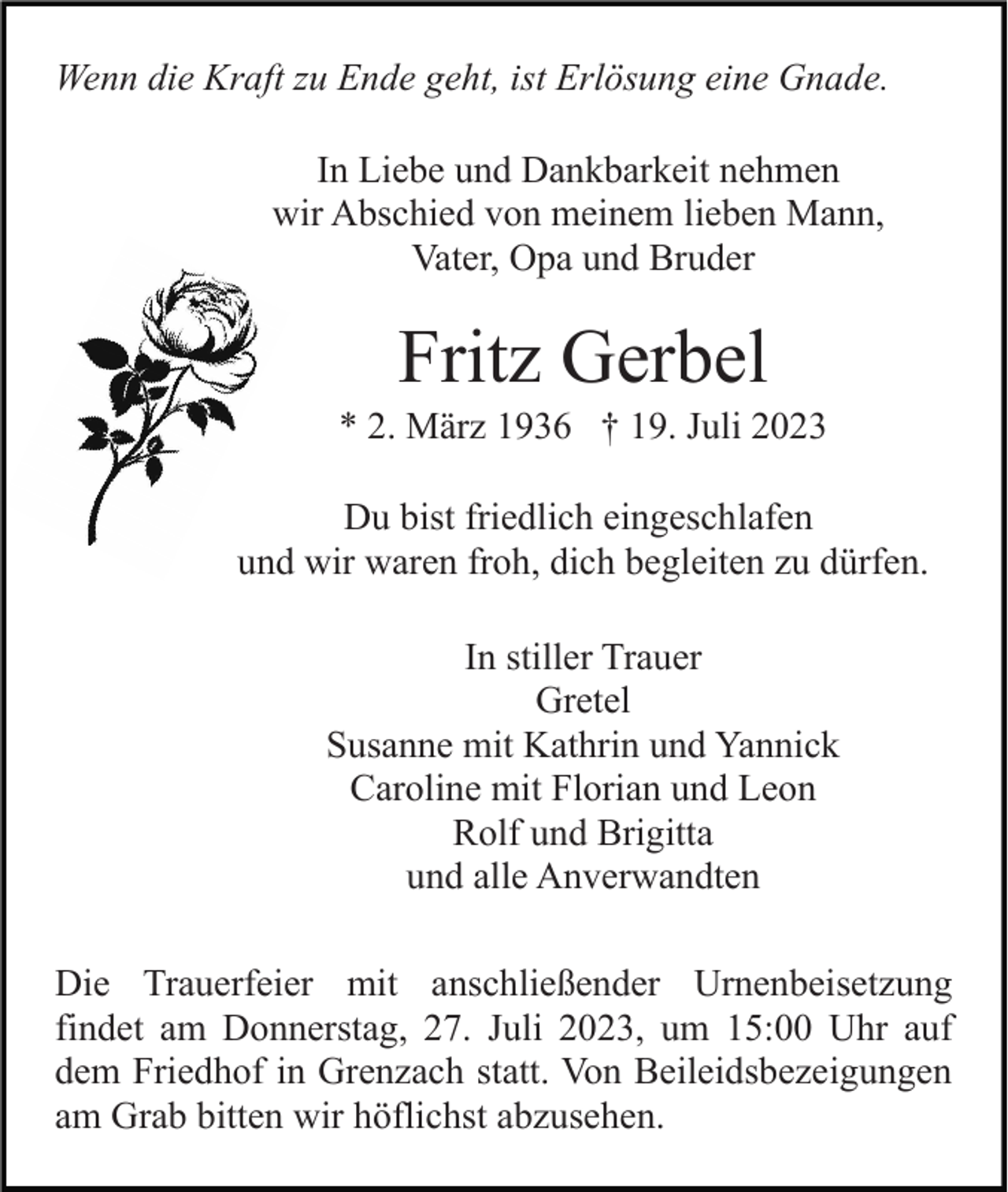 Fritz Gerbel | Traueranzeigen, Nachrufe & Danksagungen auf BZtrauer.de