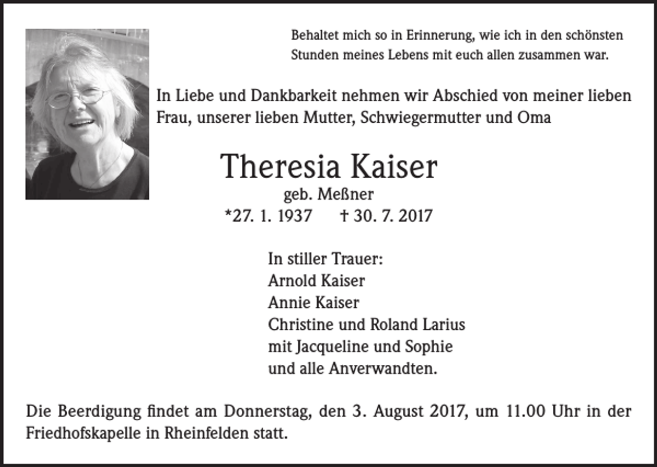 Theresia Kaiser | Traueranzeigen, Nachrufe & Danksagungen auf BZtrauer.de