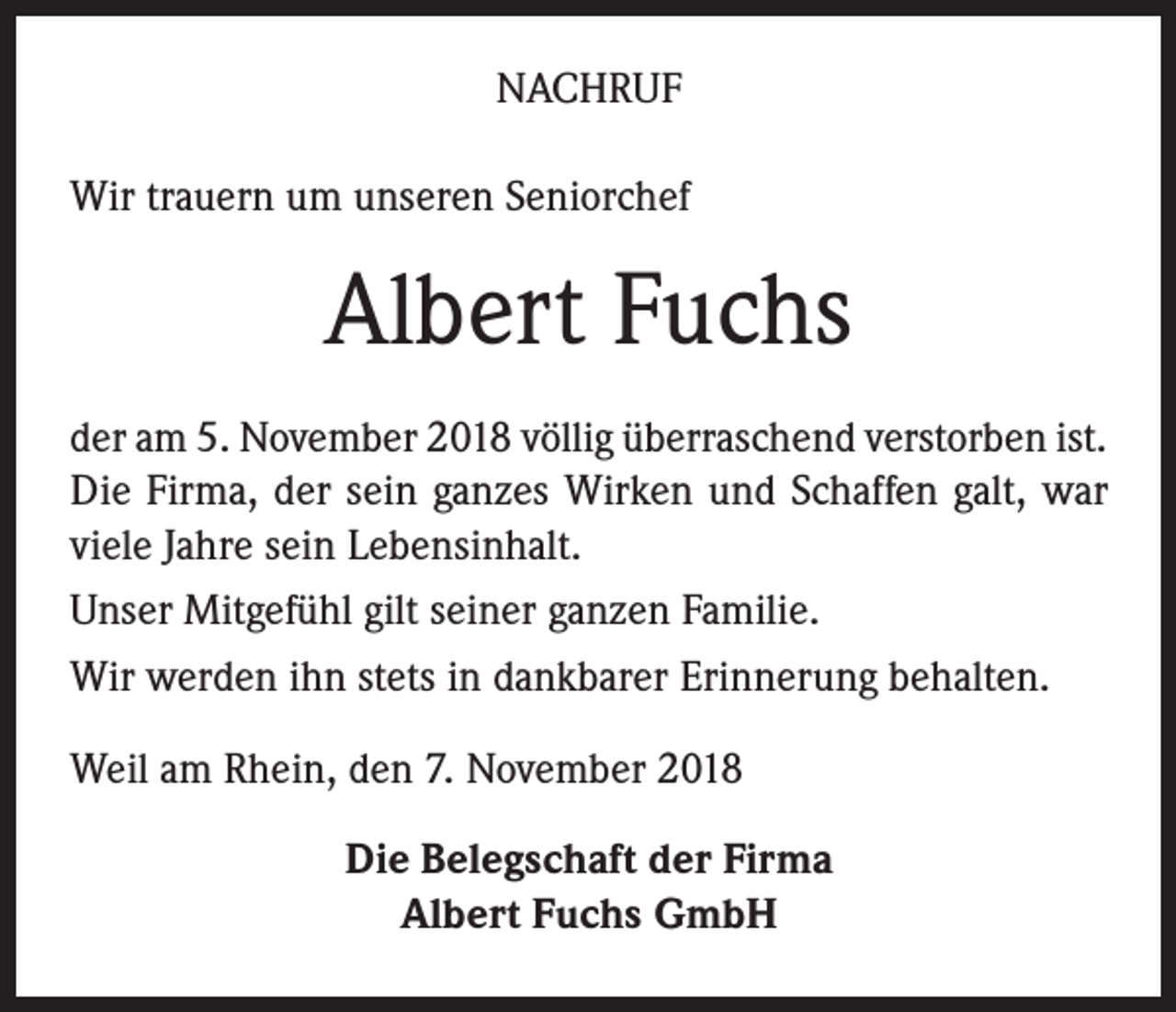 Albert Fuchs | Traueranzeigen, Nachrufe & Danksagungen auf BZtrauer.de