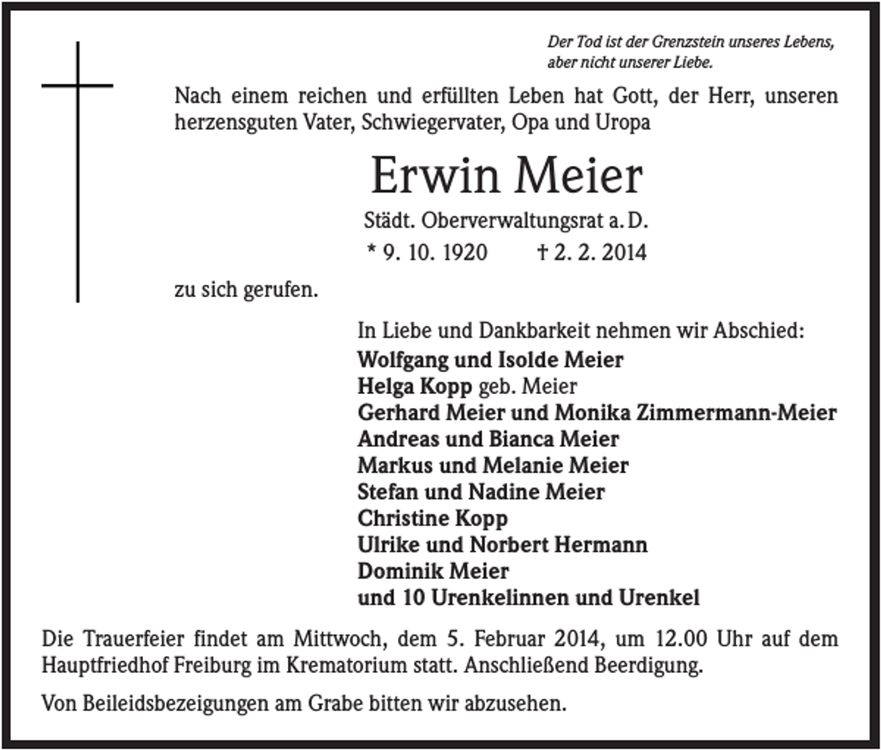 Erwin Meier | Traueranzeigen, Nachrufe & Danksagungen auf BZtrauer.de