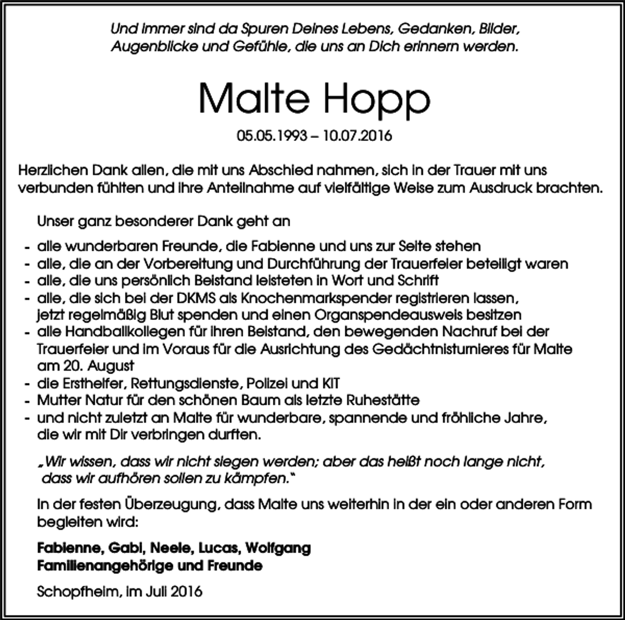 Malte Hopp | Traueranzeigen, Nachrufe & Danksagungen auf BZtrauer.de