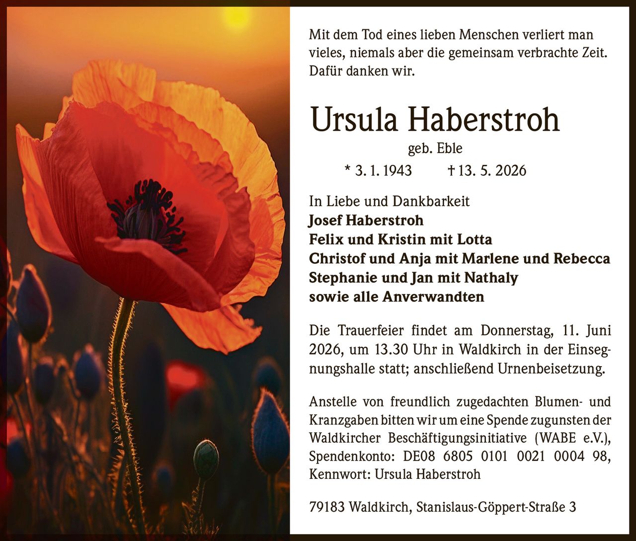 Ursula Haberstroh | Traueranzeigen, Nachrufe & Danksagungen auf BZtrauer.de