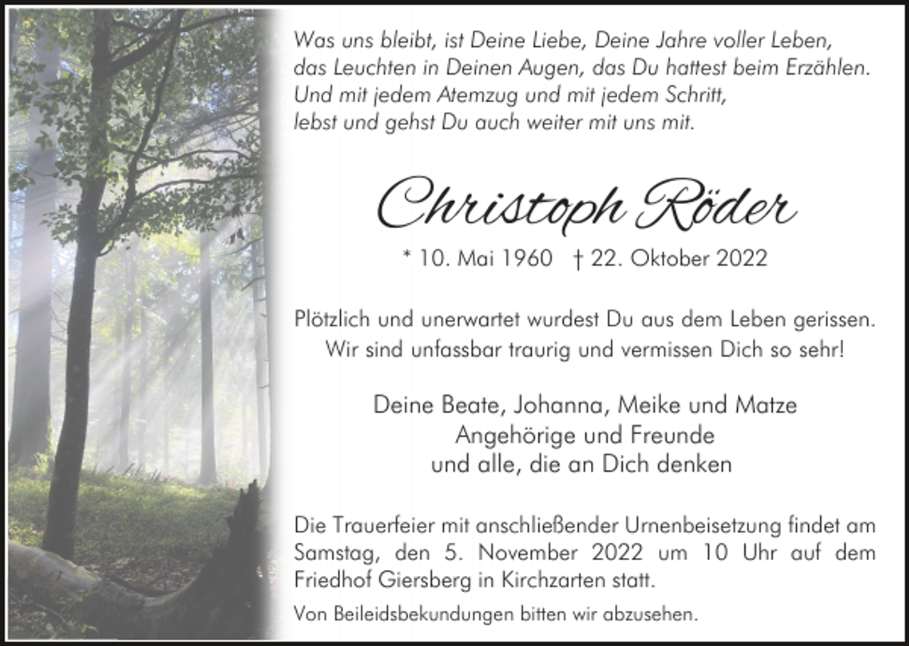 Christoph Röder | Traueranzeigen, Nachrufe & Danksagungen auf BZtrauer.de