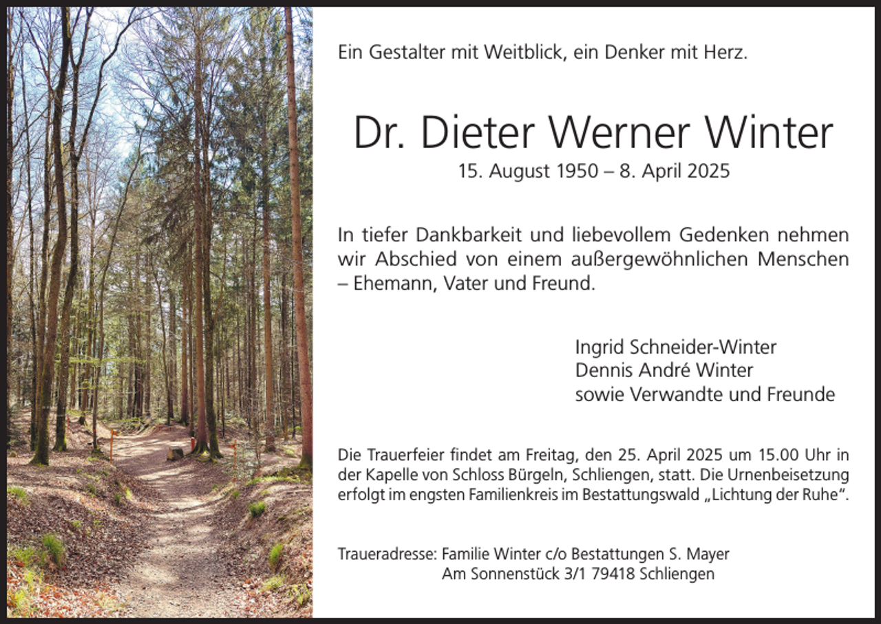Dieter Werner Winter | Traueranzeigen, Nachrufe & Danksagungen auf ...