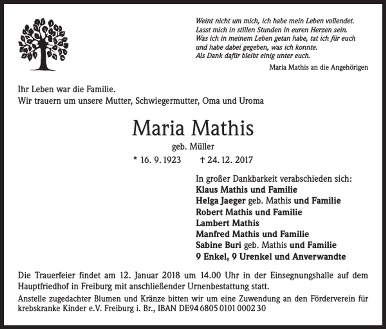 Maria Mathis | Traueranzeigen, Nachrufe & Danksagungen auf BZtrauer.de