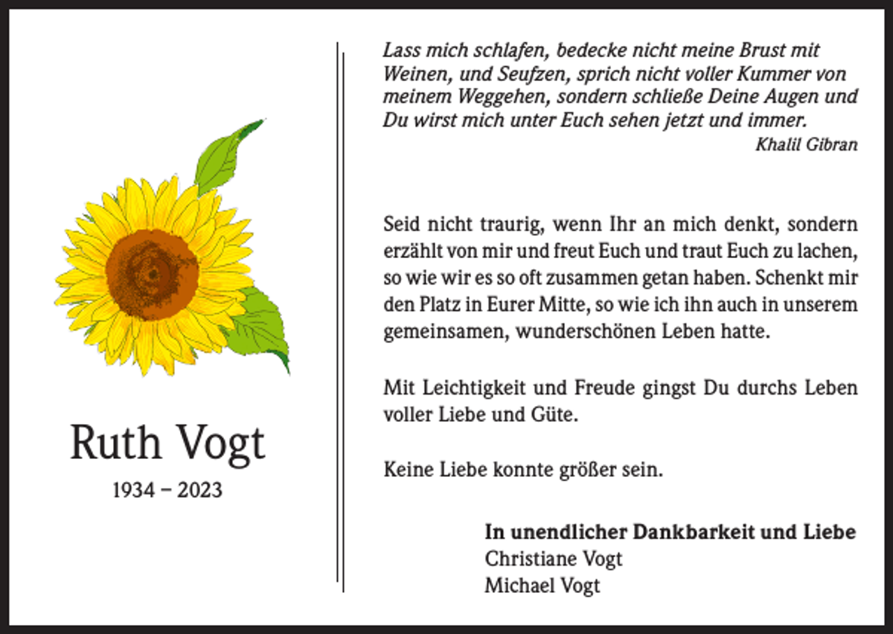 Ruth Vogt | Traueranzeigen, Nachrufe & Danksagungen auf BZtrauer.de