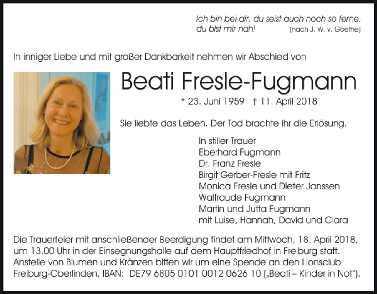 Beati Fresle-Fugmann | Traueranzeigen, Nachrufe & Danksagungen auf ...