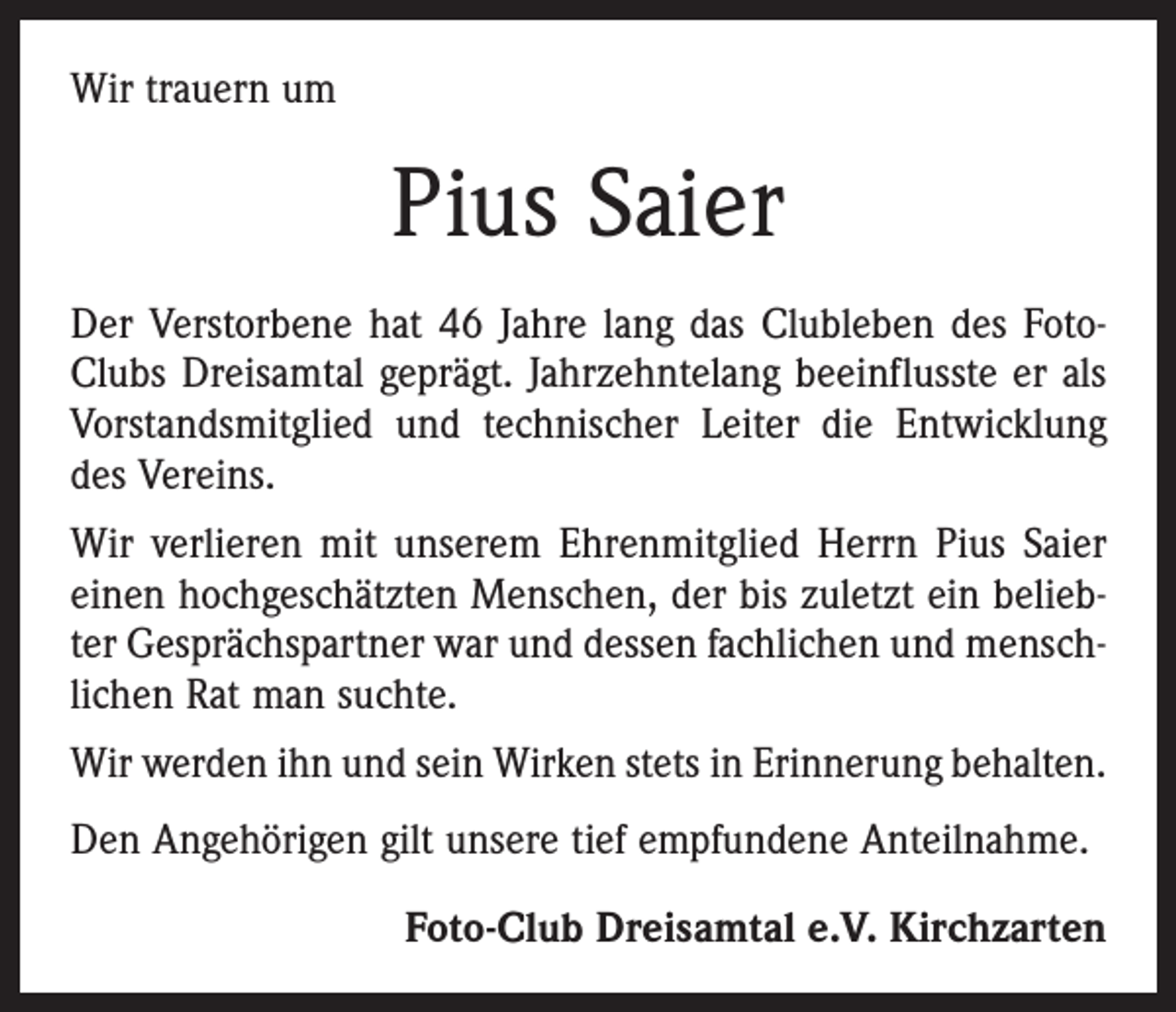 Pius Saier | Traueranzeigen, Nachrufe & Danksagungen auf BZtrauer.de