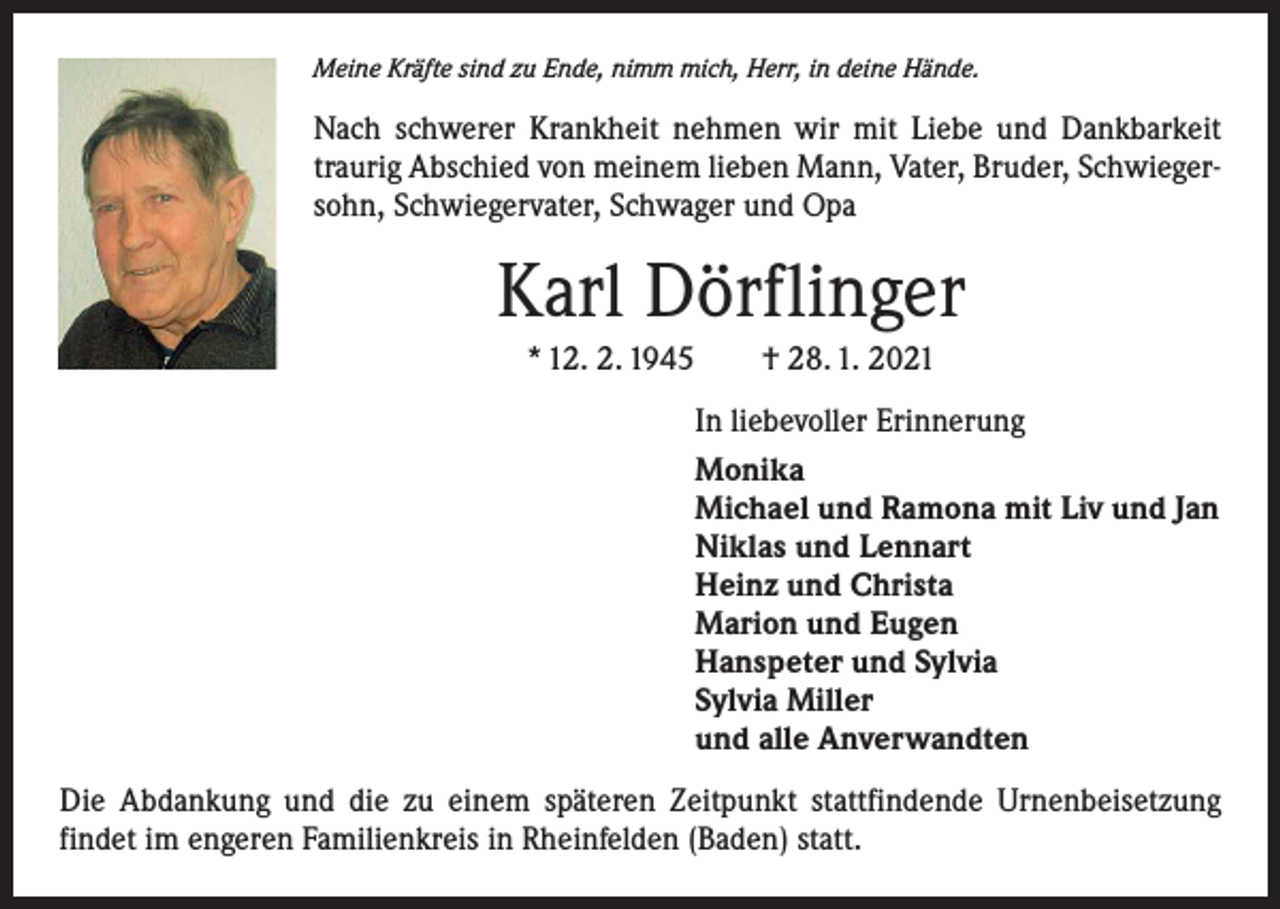 Karl Dörflinger | Traueranzeigen, Nachrufe & Danksagungen auf BZtrauer.de
