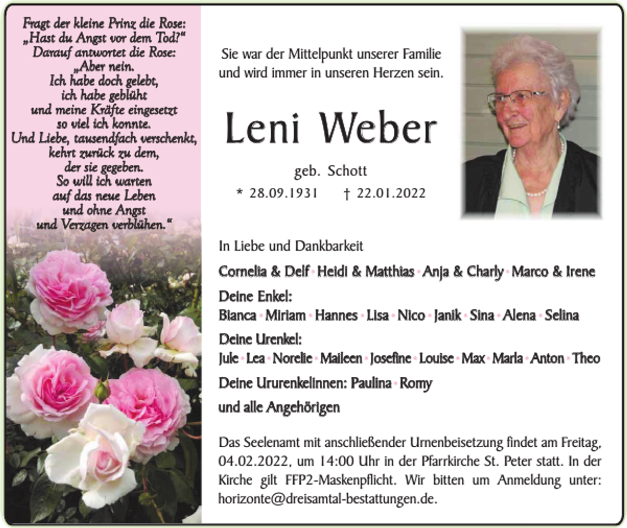 Leni Weber | Traueranzeigen, Nachrufe & Danksagungen auf BZtrauer.de