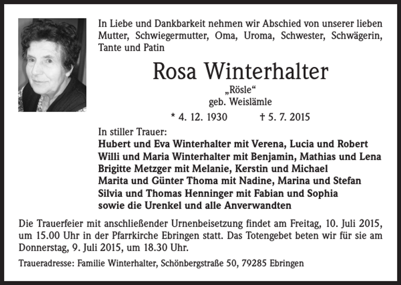 Rosa Winterhalter | Traueranzeigen, Nachrufe & Danksagungen auf BZtrauer.de