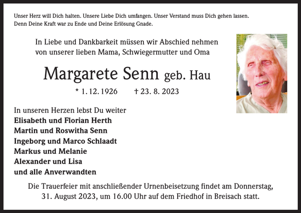 Margarete Senn | Traueranzeigen, Nachrufe & Danksagungen auf BZtrauer.de
