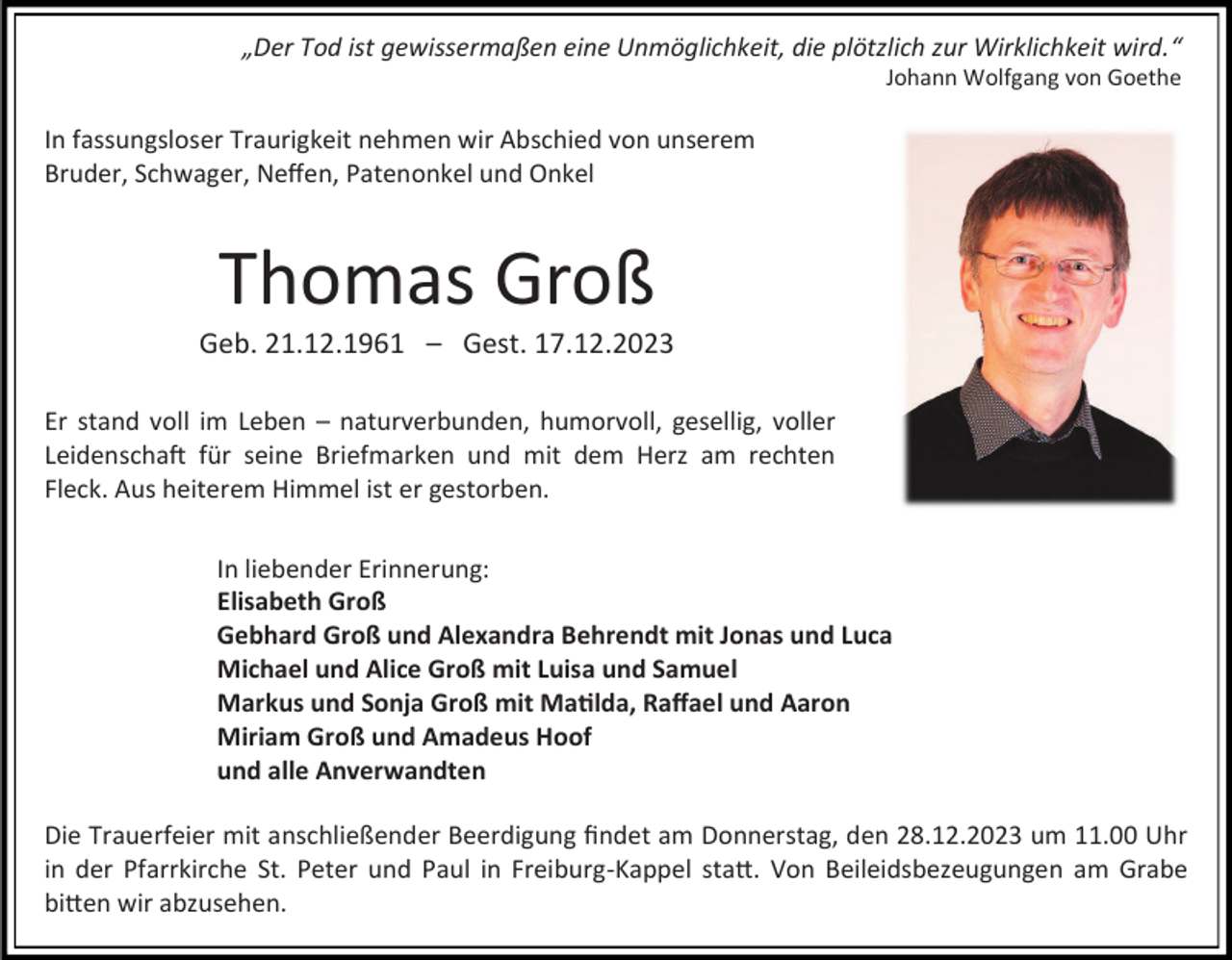 Thomas Groß | Traueranzeigen, Nachrufe & Danksagungen auf BZtrauer.de
