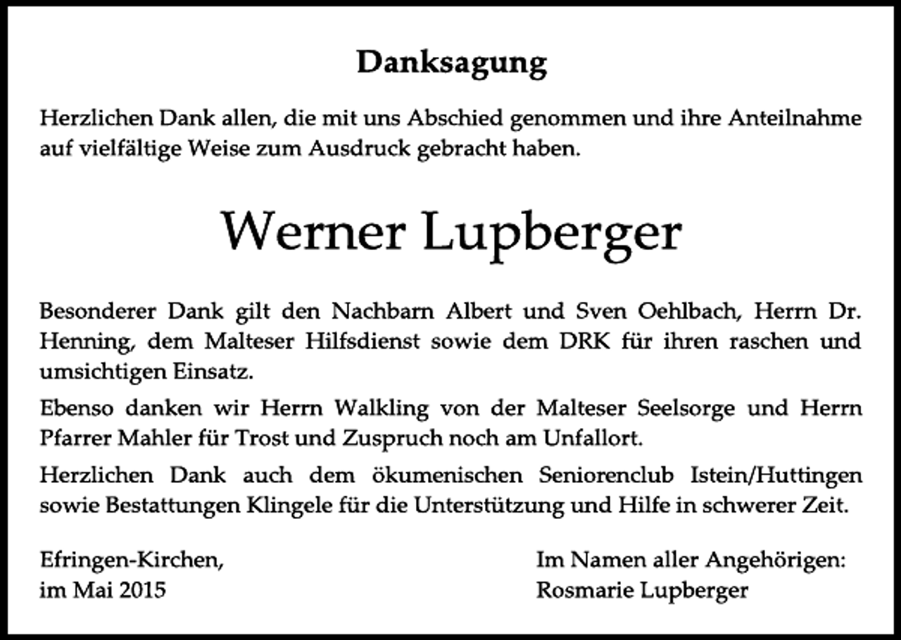 Werner Lupberger | Traueranzeigen, Nachrufe & Danksagungen auf BZtrauer.de