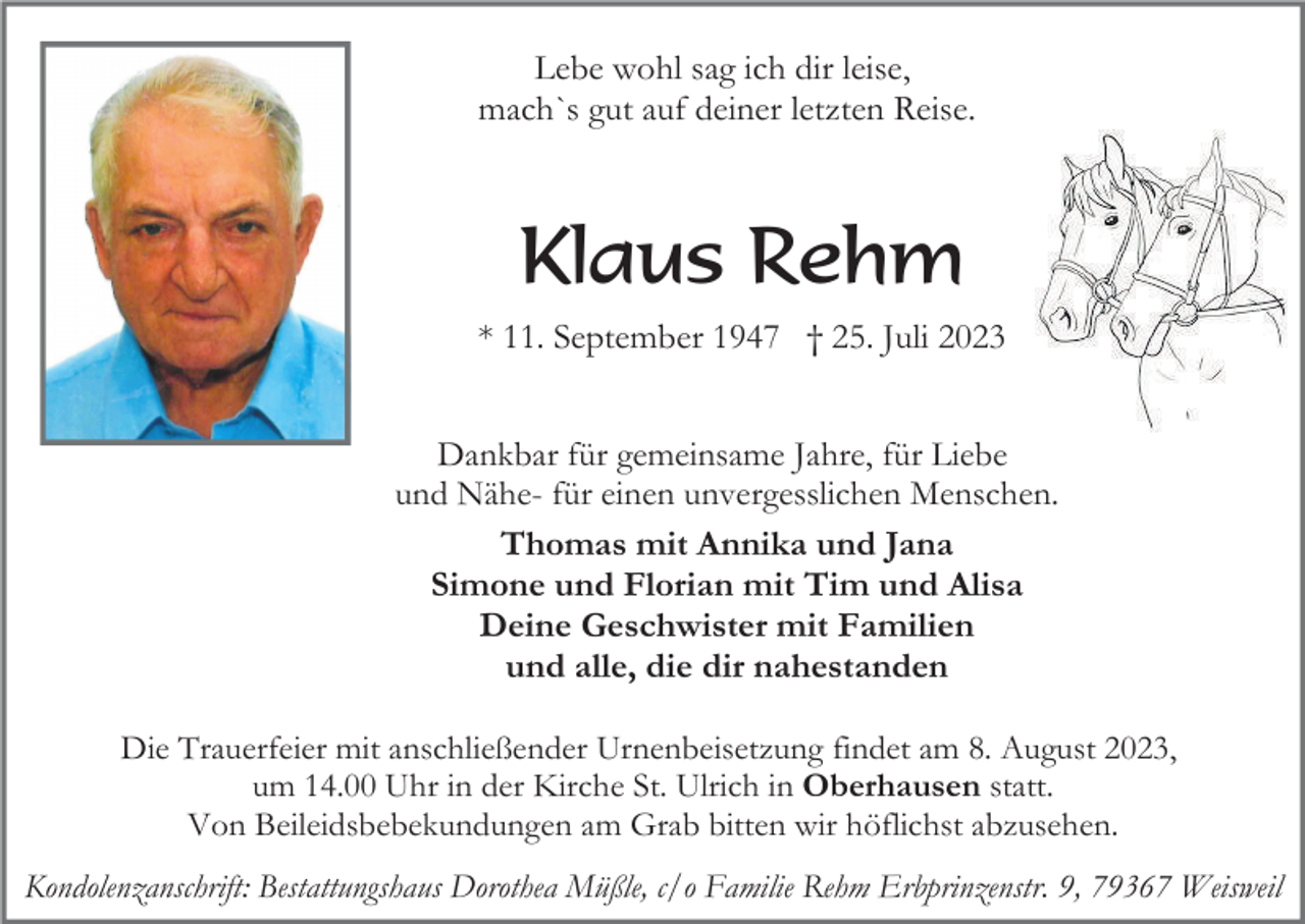 Klaus Rehm | Traueranzeigen, Nachrufe & Danksagungen auf BZtrauer.de