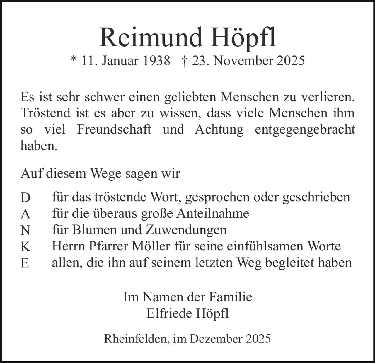 Reimund Höpfl | Traueranzeigen, Nachrufe & Danksagungen auf BZtrauer.de