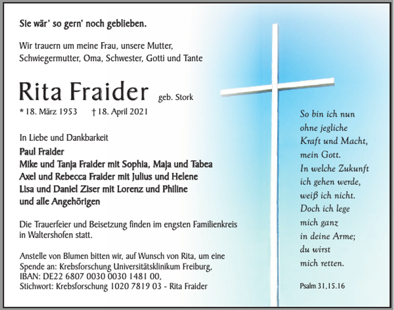 Rita Fraider | Traueranzeigen, Nachrufe & Danksagungen auf BZtrauer.de