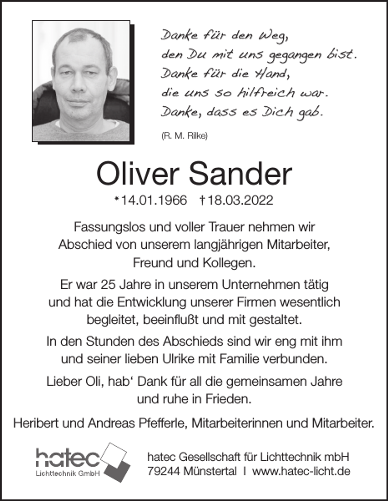 Oliver Sander | Traueranzeigen, Nachrufe & Danksagungen auf BZtrauer.de
