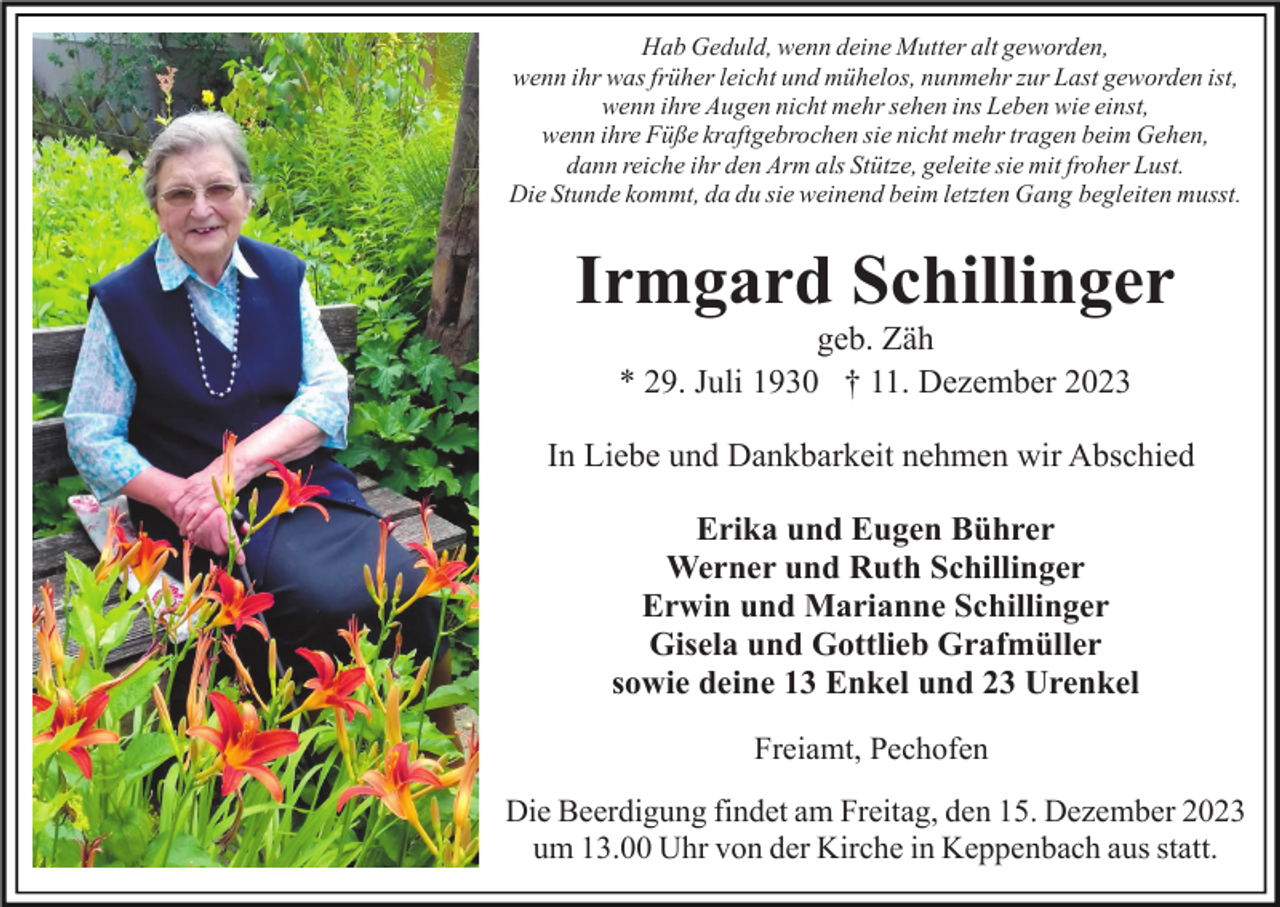 Irmgard Schillinger | Traueranzeigen, Nachrufe & Danksagungen auf ...