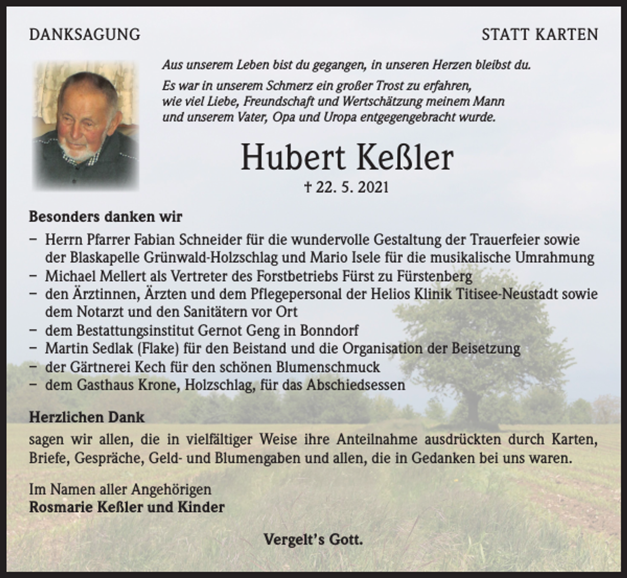 Hubert Keßler | Traueranzeigen, Nachrufe & Danksagungen auf BZtrauer.de