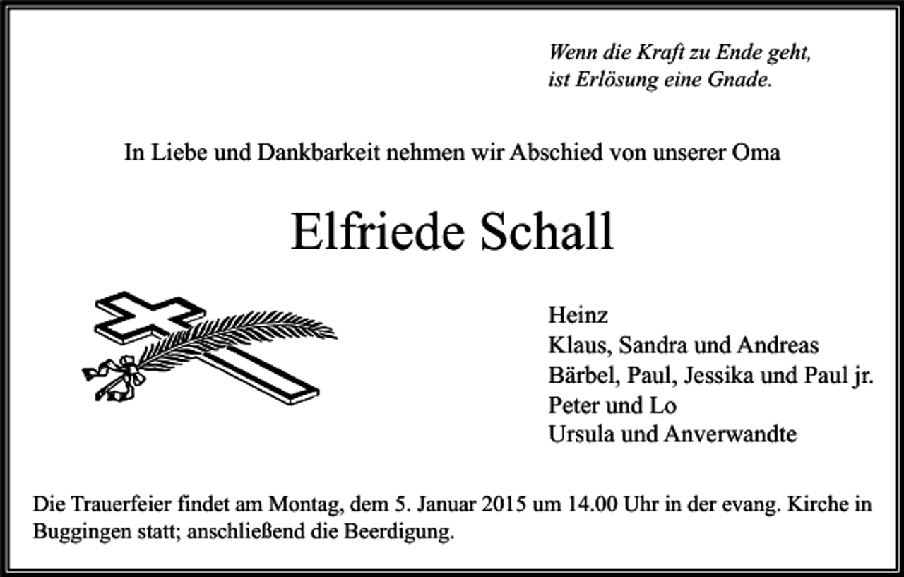 Elfriede Schall | Traueranzeigen, Nachrufe & Danksagungen auf BZtrauer.de