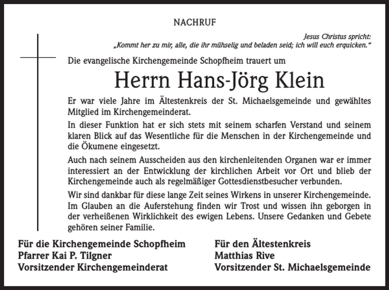 Hans-Jörg Klein | Traueranzeigen, Nachrufe & Danksagungen auf BZtrauer.de