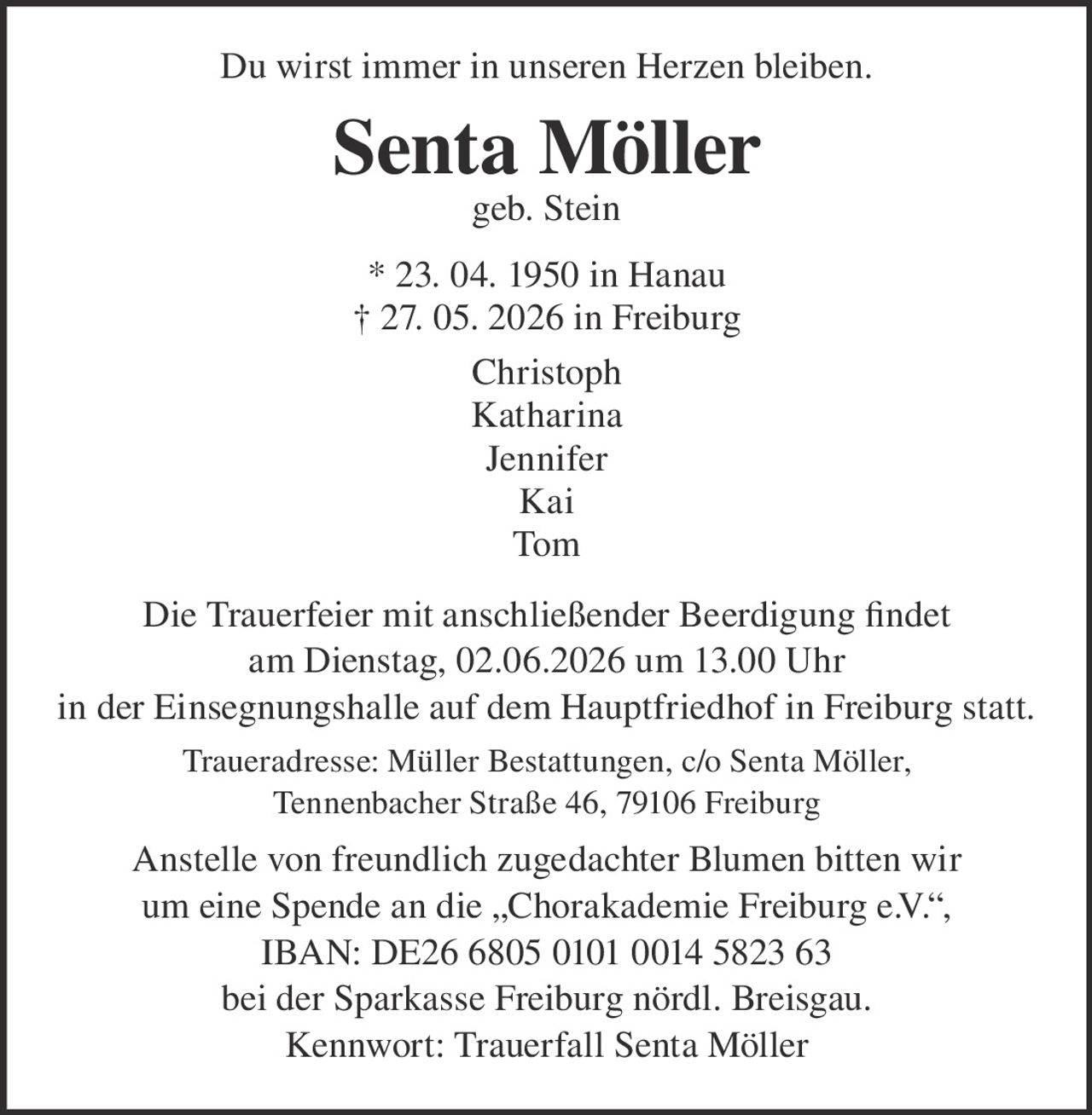 Senta Möller | Traueranzeigen, Nachrufe & Danksagungen auf BZtrauer.de