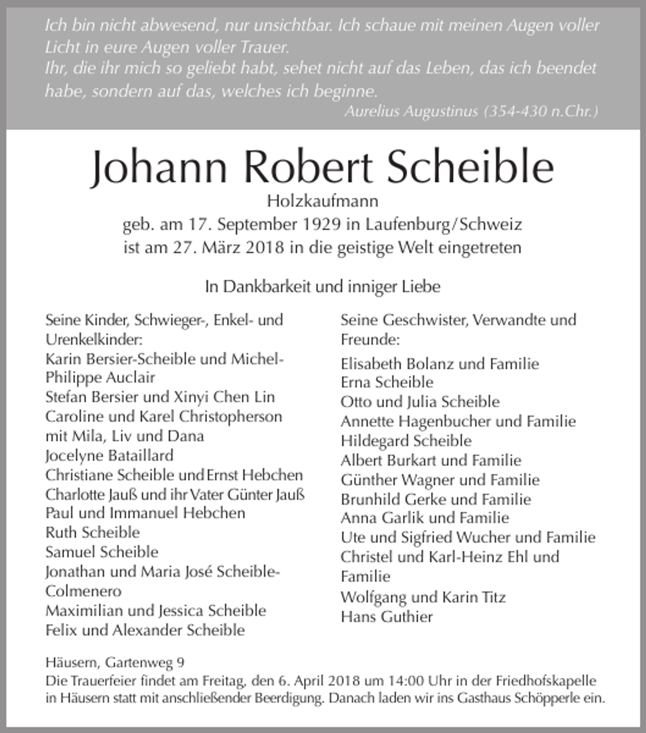 Johann Robert Scheible | Traueranzeigen, Nachrufe & Danksagungen auf ...