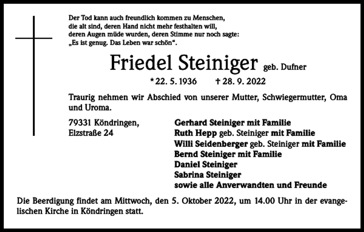 Friedel Steiniger | Traueranzeigen, Nachrufe & Danksagungen auf BZtrauer.de