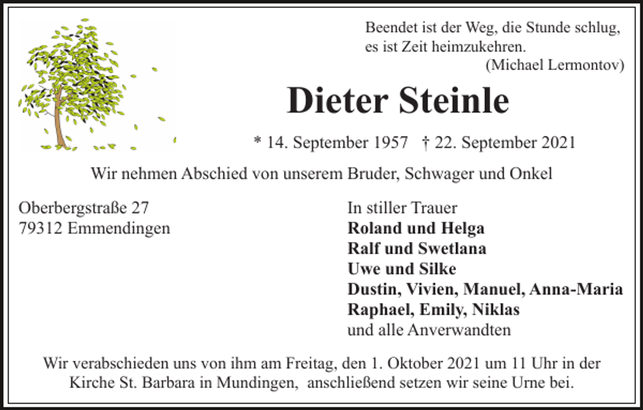 Dieter Steinle | Traueranzeigen, Nachrufe & Danksagungen auf BZtrauer.de