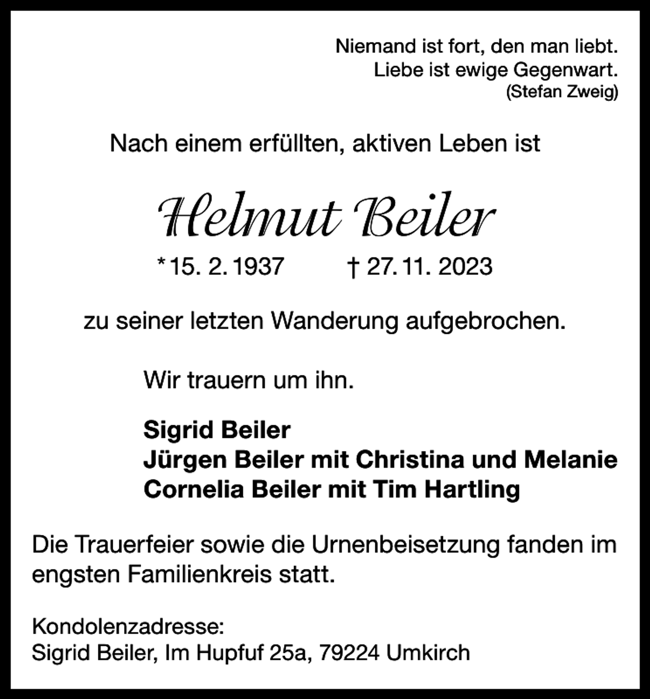 Helmut Beiler | Traueranzeigen, Nachrufe & Danksagungen auf BZtrauer.de